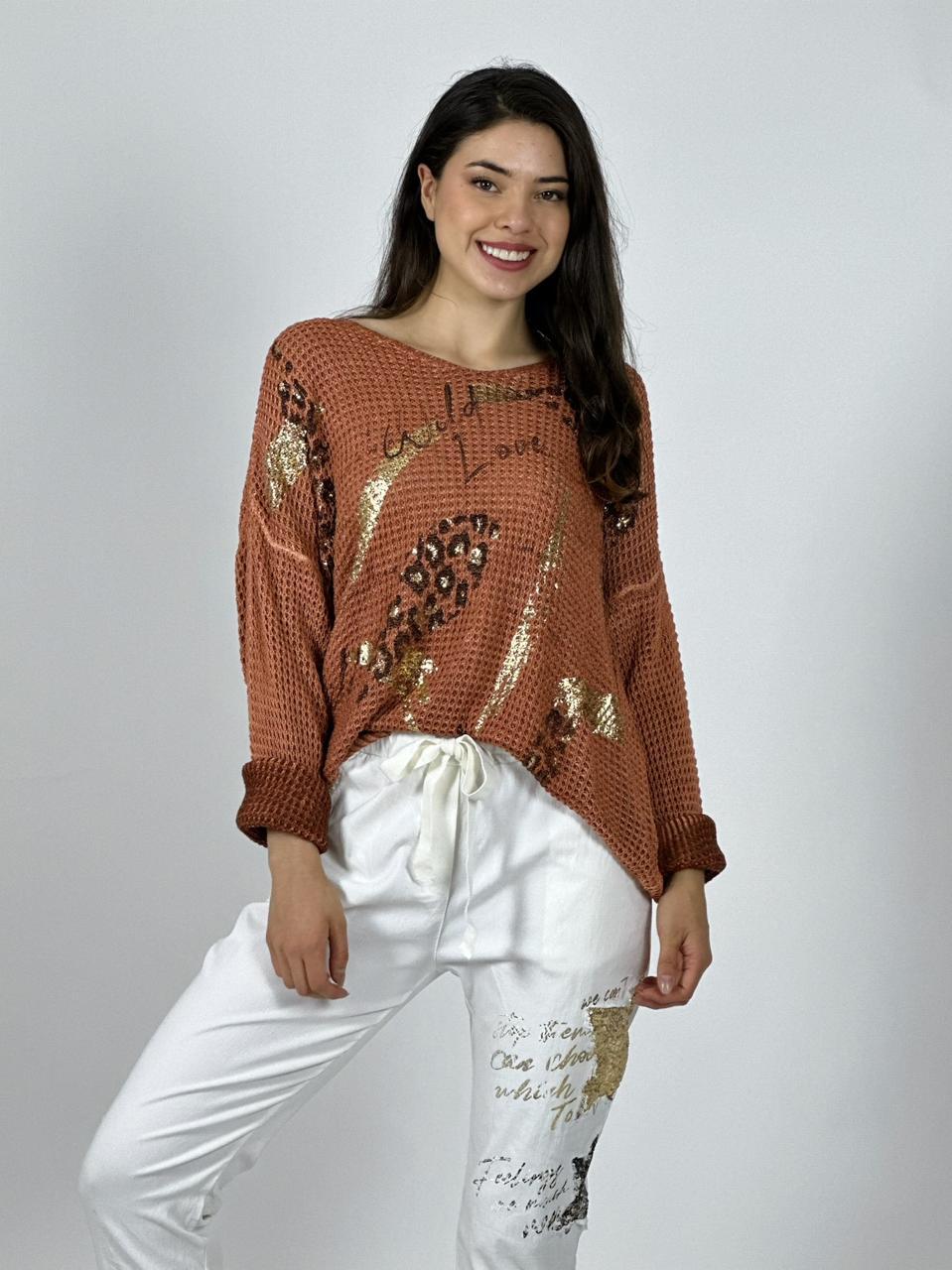 Sweater Tejido Italiano Flores Brillos y Letras – Enigmatica