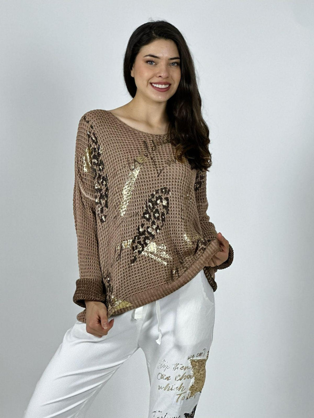 Sweater Tejido Italiano Flores Brillos y Letras – Enigmatica